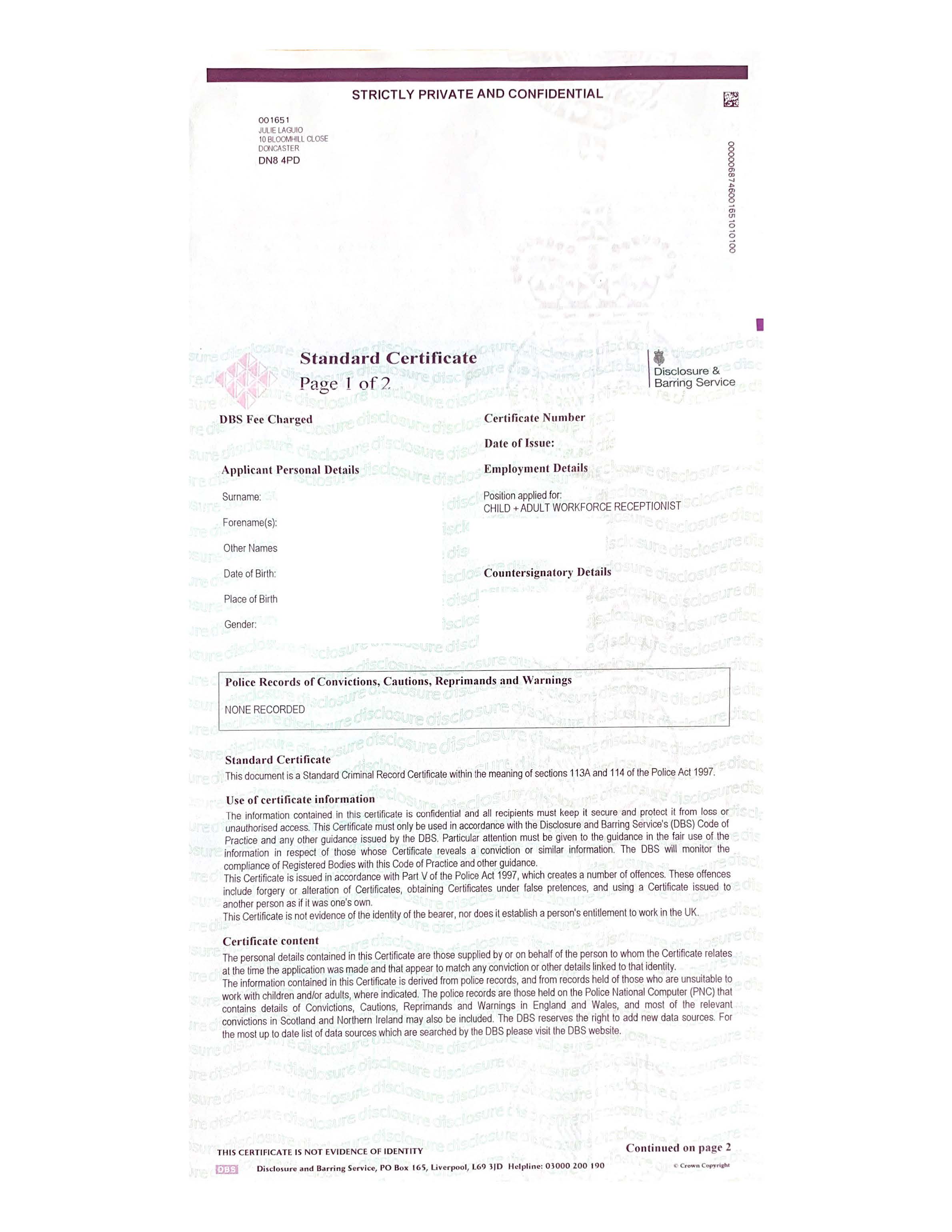 DBS Certificate Lantum